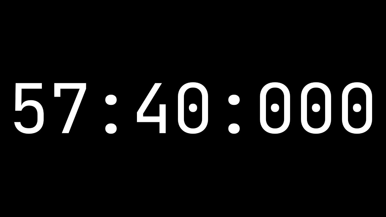 Countdown timer 57 minutes, 40 seconds [57:40:000] - White on black ...