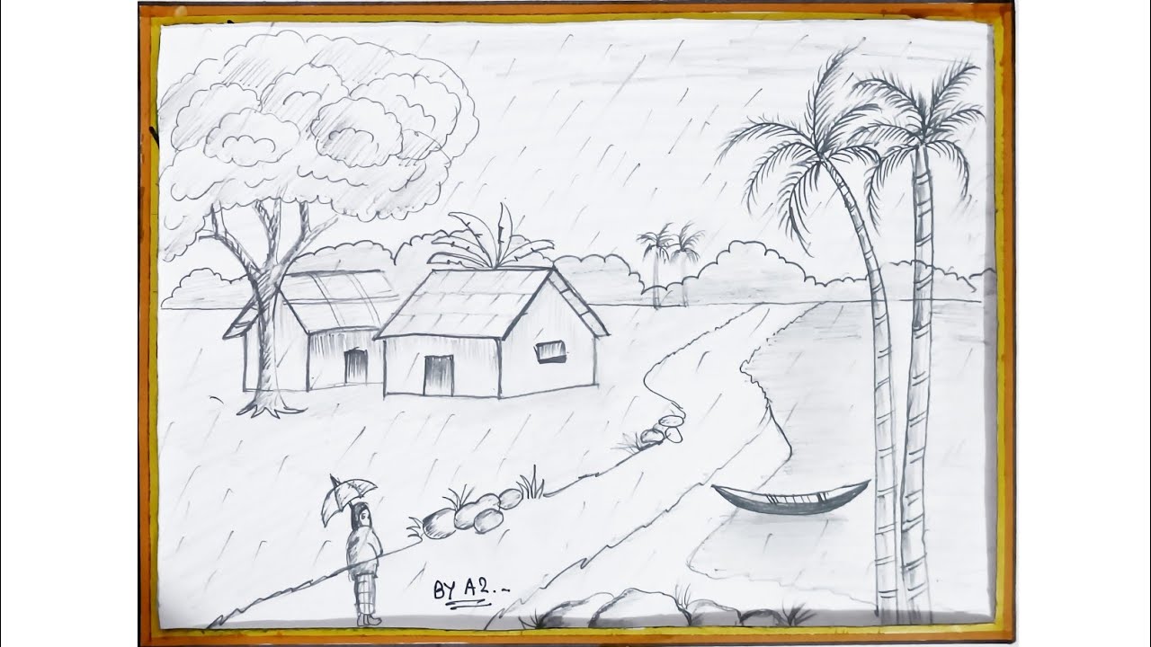 rain scenery drawing l rainy Village scenery drawing l nature drawing l ...