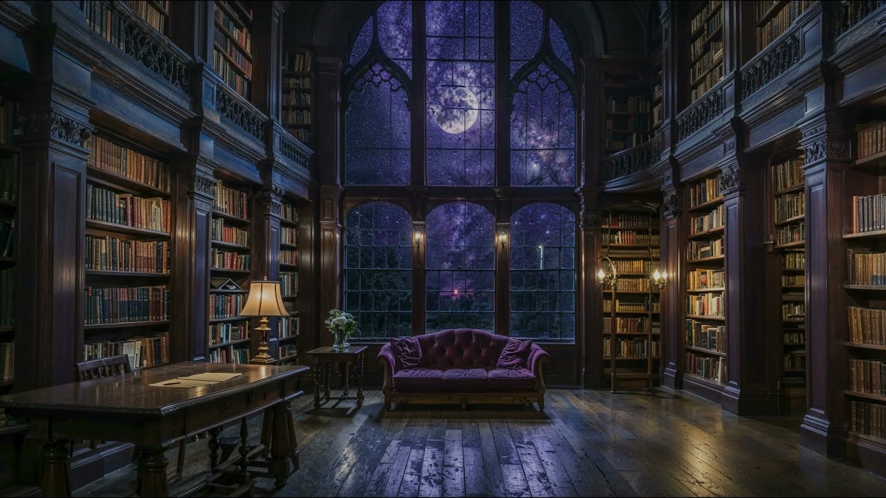 Moonlit Tower Library Mystical Books & Rainy Night Ambience - YouTube