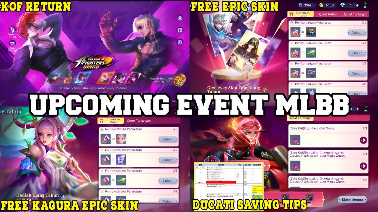 UPCOMING EVENT MLBB | KOF RETURN, FREE EPIC SKIN & KAGURA EPIC SKIN, UPDATE DUCATI SAVING TIP ...