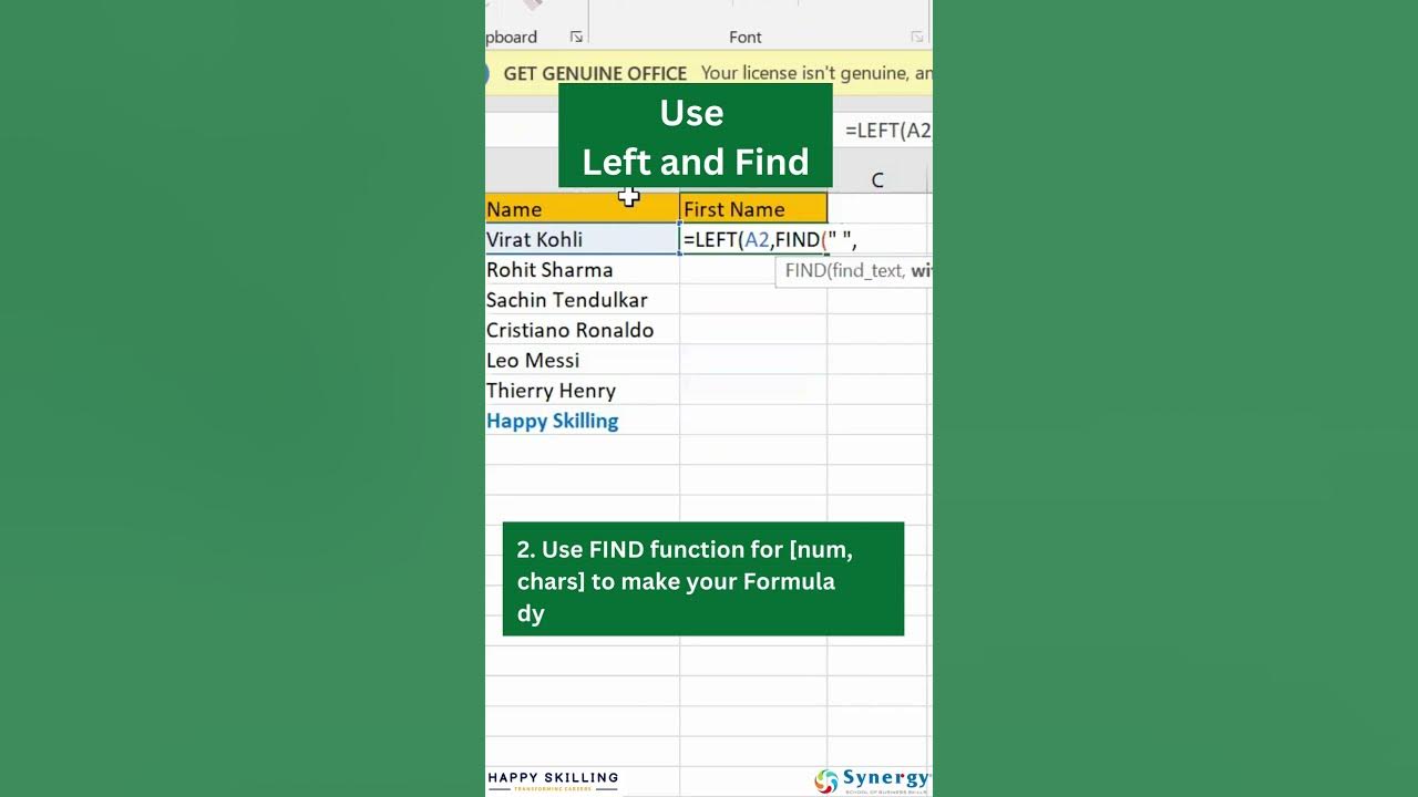 Extracting name using Left & Find Functions in MS Excel - YouTube