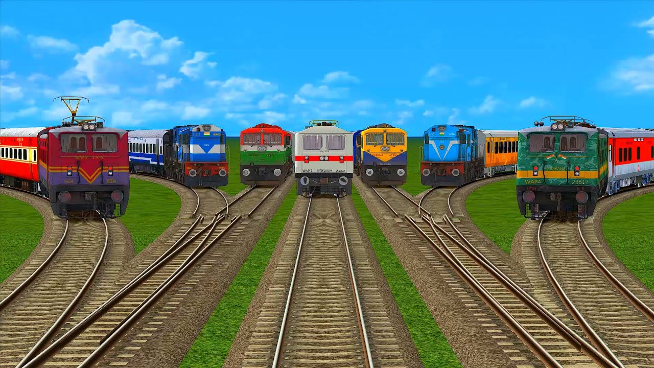 7 Colorful Trains Crossing at Risky Sharp Bend Railroad Track | Bumpy ...