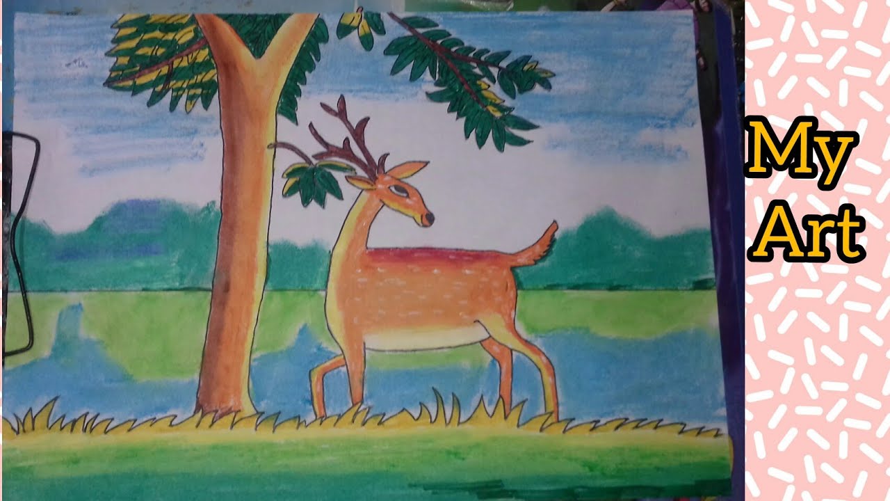 forest scenery with deer // Oil pastel drawing // @Saichandanpatra007 ...