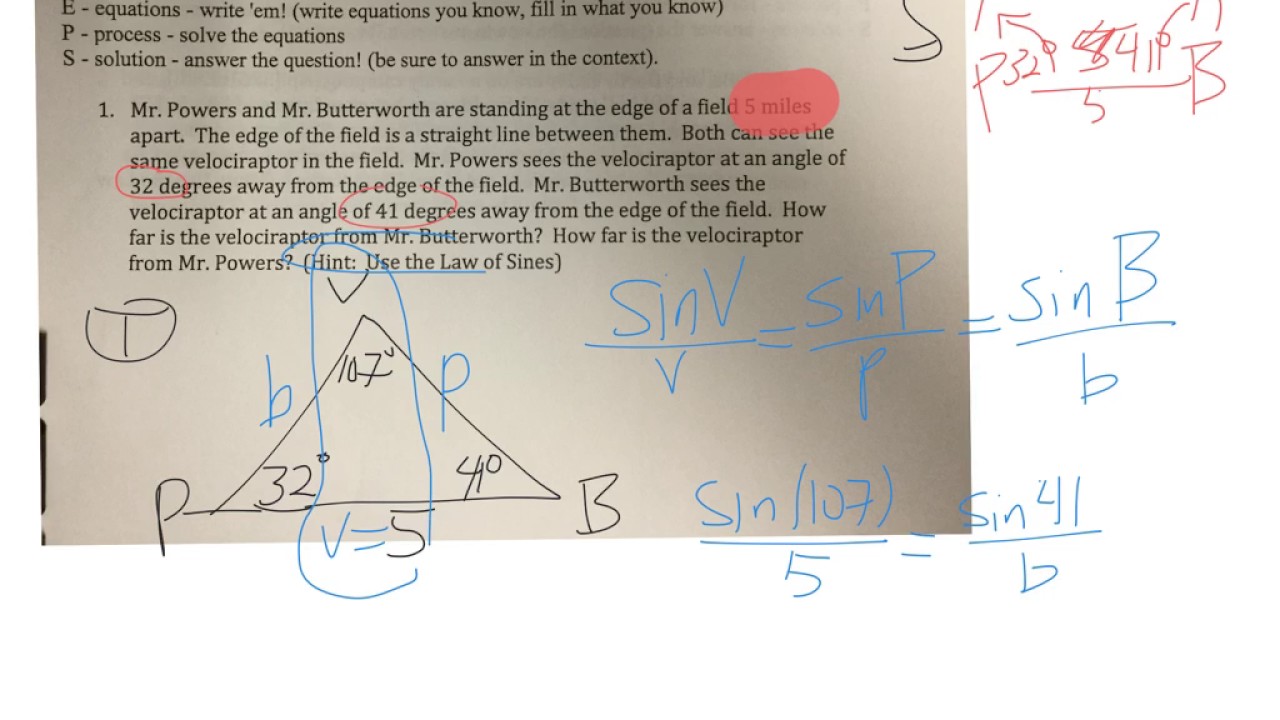 alg2cp law of sines word problem - YouTube