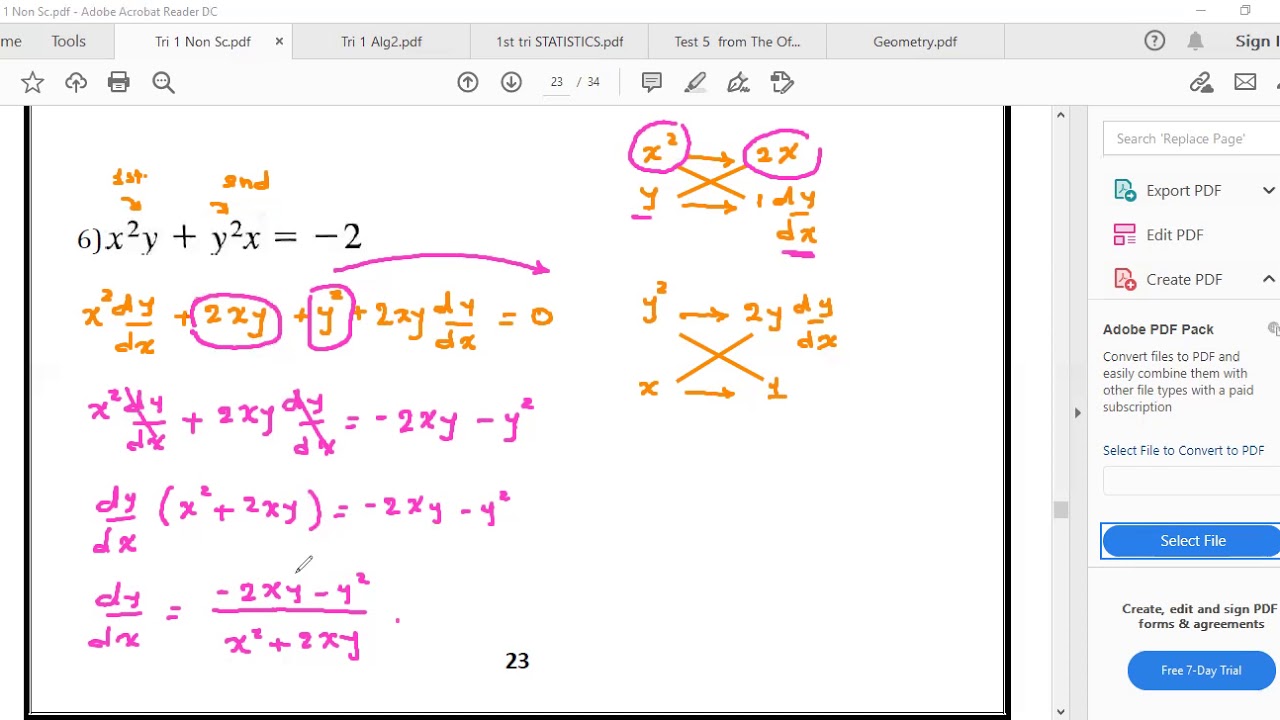 implicit differentiation with product rule - YouTube