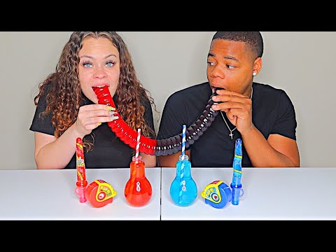 ASMR RED FOOD VS BLUE FOOD, GIANT GUMMY WORM, SOUR CANDY SPRAY, GUMMY ...