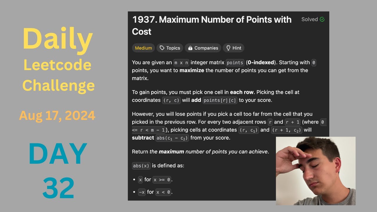 Daily Leetcode Challenge Day 32 Maximum Number Of Points With Cost 8570