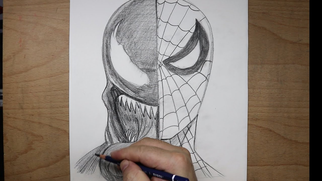 How to draw half-faced Spider-Man and Venom | Simple pencil drawing ...