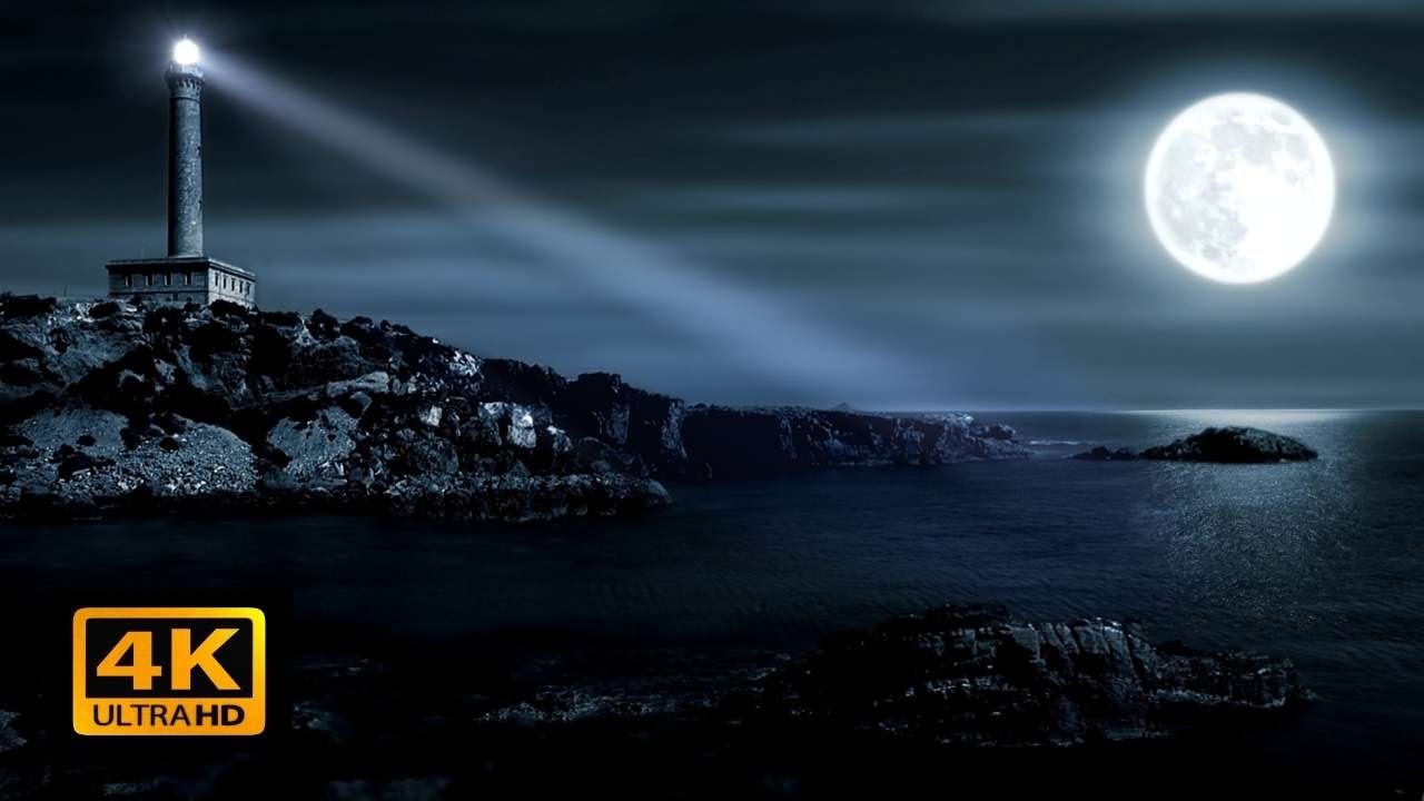 Relaxing Lighthouse with Water Sounds in the Moonlight (Moonlight Hike ...