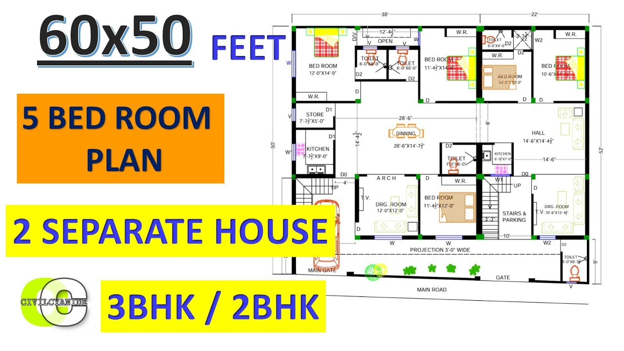 60X50 Feet 2 House Plan II 5 Bedroom House Plan - YouTube