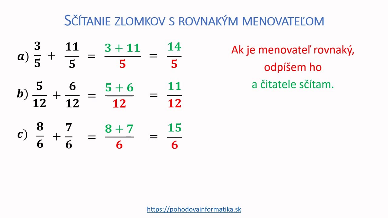 Riešené príklady na sčítanie a odčítanie zlomkov s rovnakým menovateľom ...