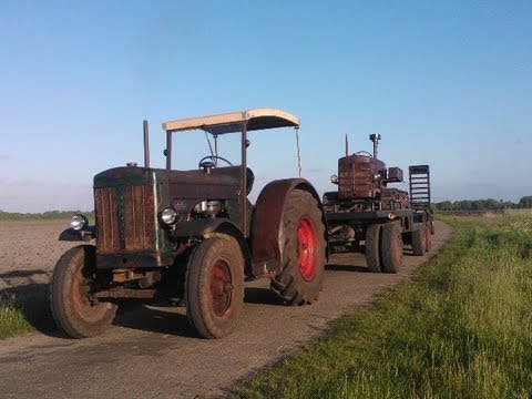 Hanomag R45 zieht schweren tieflader mit K55 im sand - YouTube