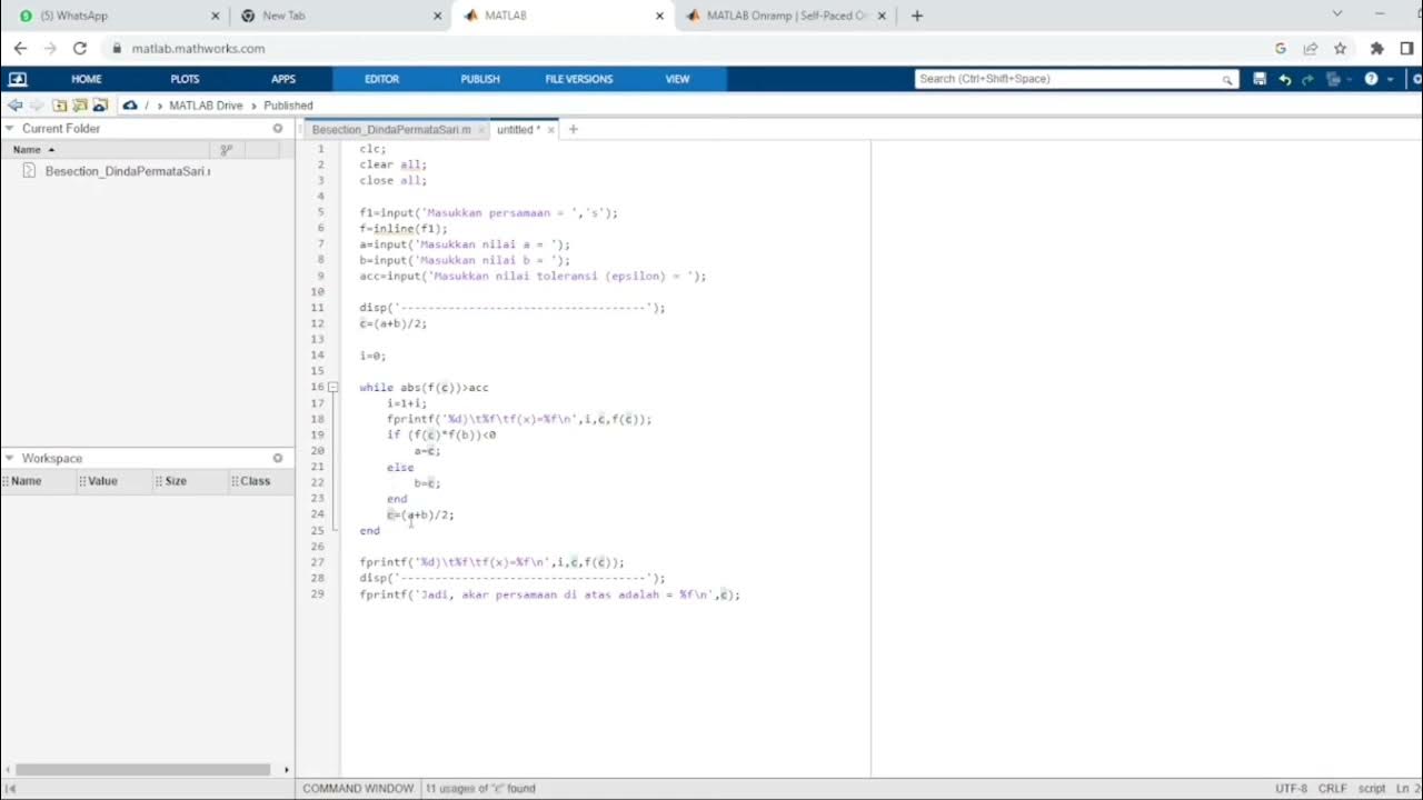 Menyelesaikan pencarian akar persamaan kuadrat dengan Metode Bisection menggunakan Matlab - YouTube
