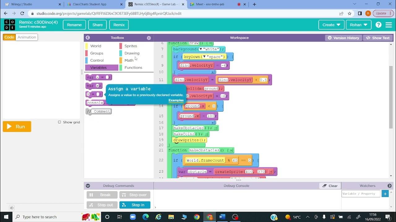 Dino Game Part 1 and 2 using code.org - YouTube