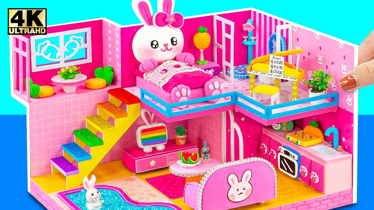 Making Pink Bunny House from Clay & Unboxing Cute Pink Rabbit Kitchen ...