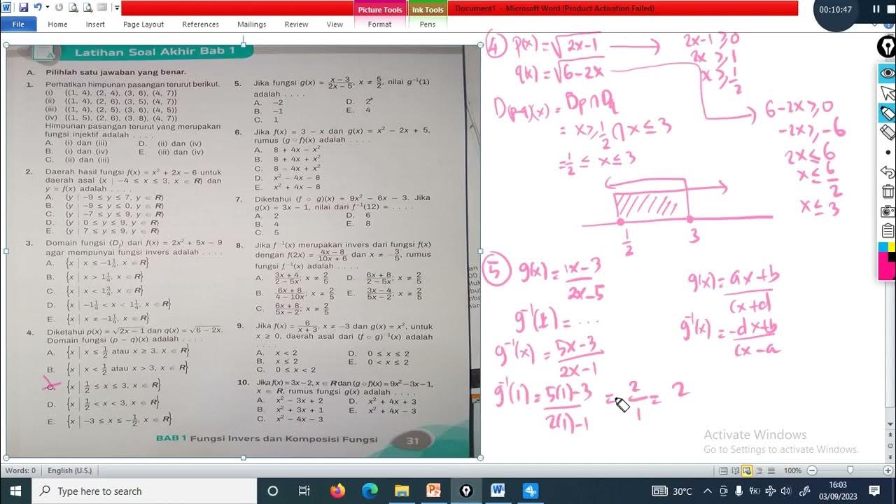 Pembahasan Latihan Soal Akhir Bab 1 Fungsi Invers dan Komposisi fungsi ...
