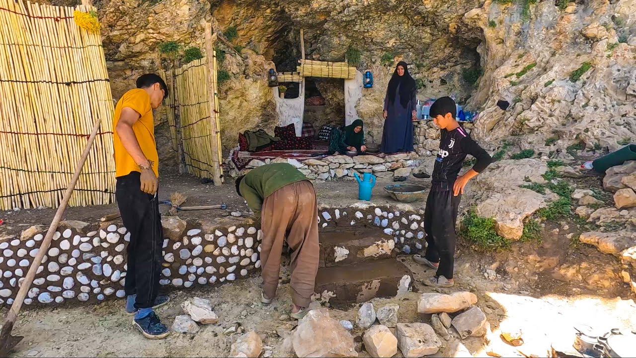 "Exploring a beautiful stone cave and building a staircase with Amir ...