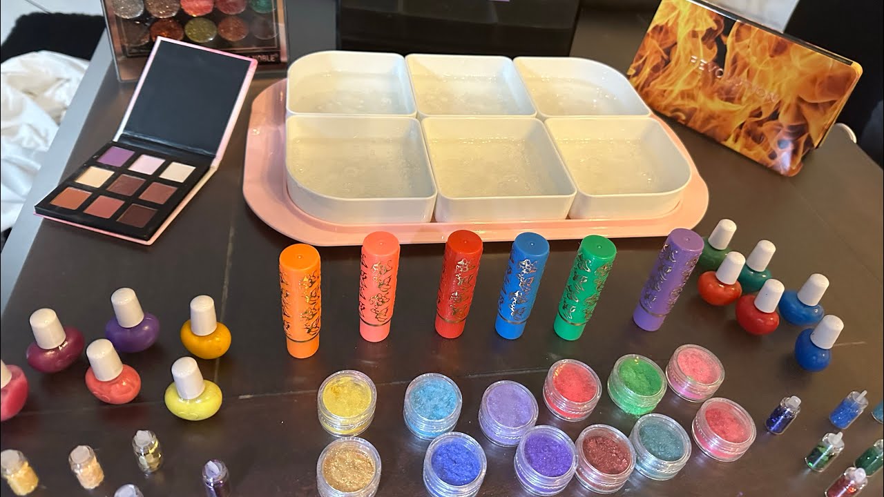 Rainbow asmr slime make up and glitter - YouTube
