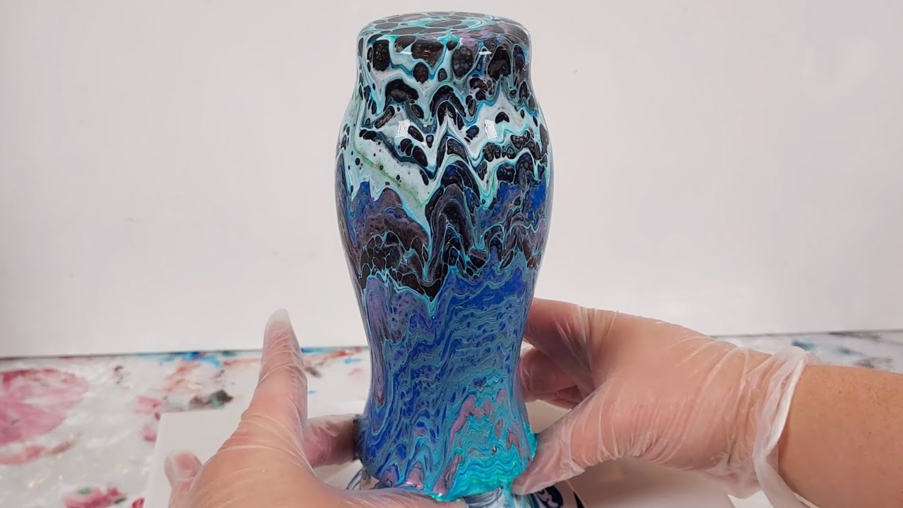 Blue Paint Pour Over A Glass Vase - With Lacing! #acrylicpouring - YouTube