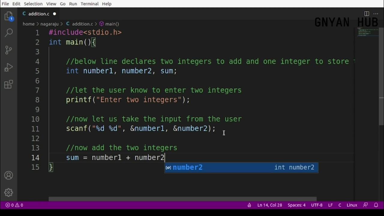 Addition of two integers/numbers using C Programming | Linux | Ubuntu ...
