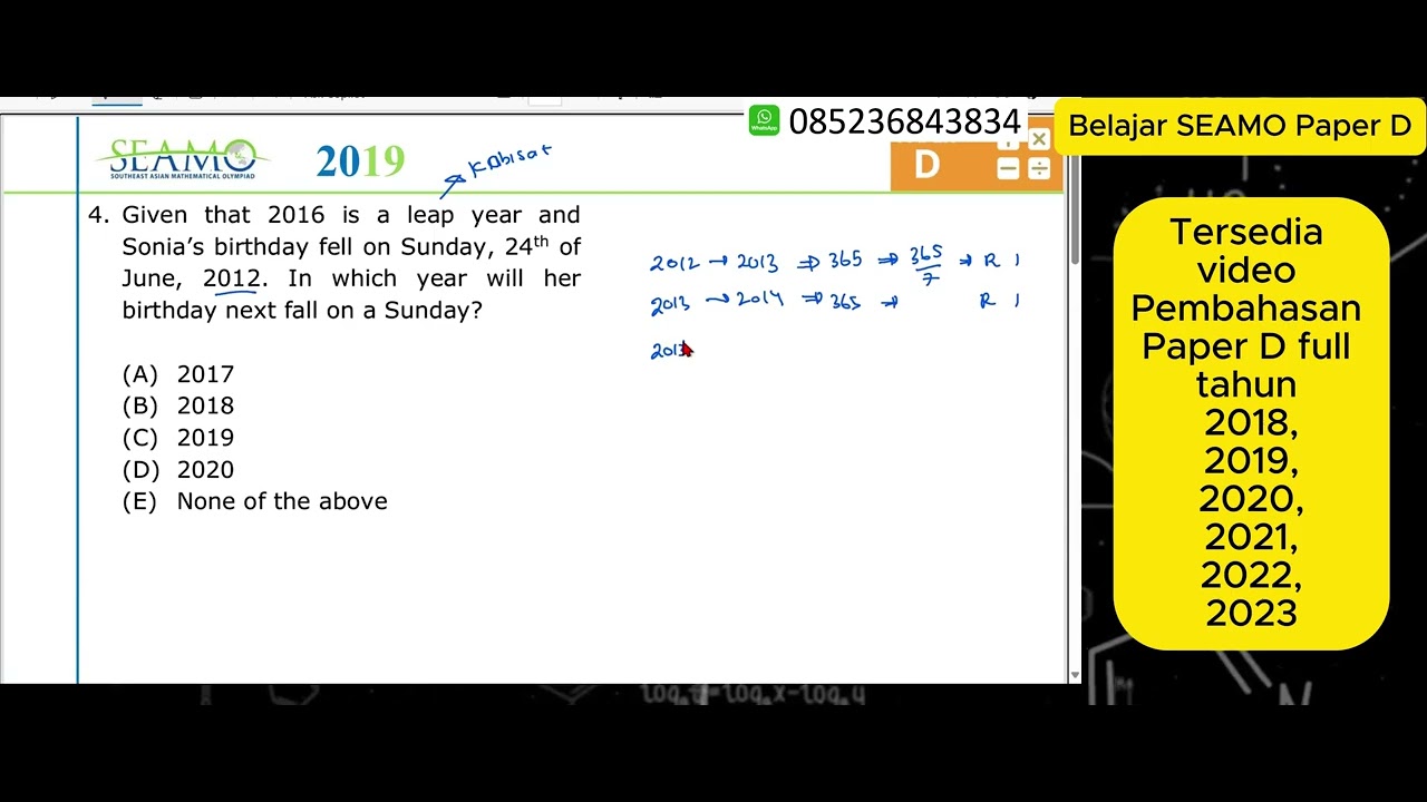SEAMO 2019 Paper D (Southeast Asian Mathematical Olympiad) No.4 - YouTube