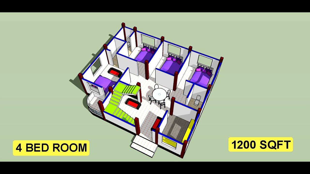 simple 4 bedroom "house design" II 1200 sqft ghar ka design II 4 bhk ...