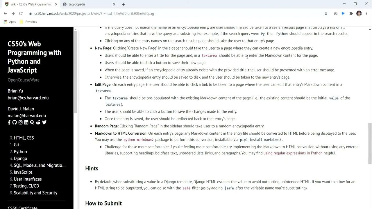 Project1: WIKI walkthrough CS50Web Programming with Python and JavaScript - YouTube