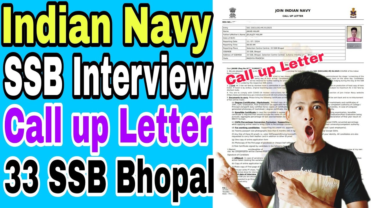 Indian Navy SSB interview Call up Letter 33rd SSB Bhopal 2024, SSB ...