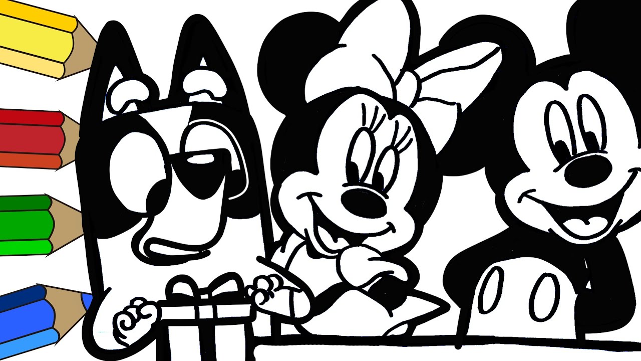 Drawing Bluey's Birthday Party Surprise and Bingo and Minnie and Mickey ...
