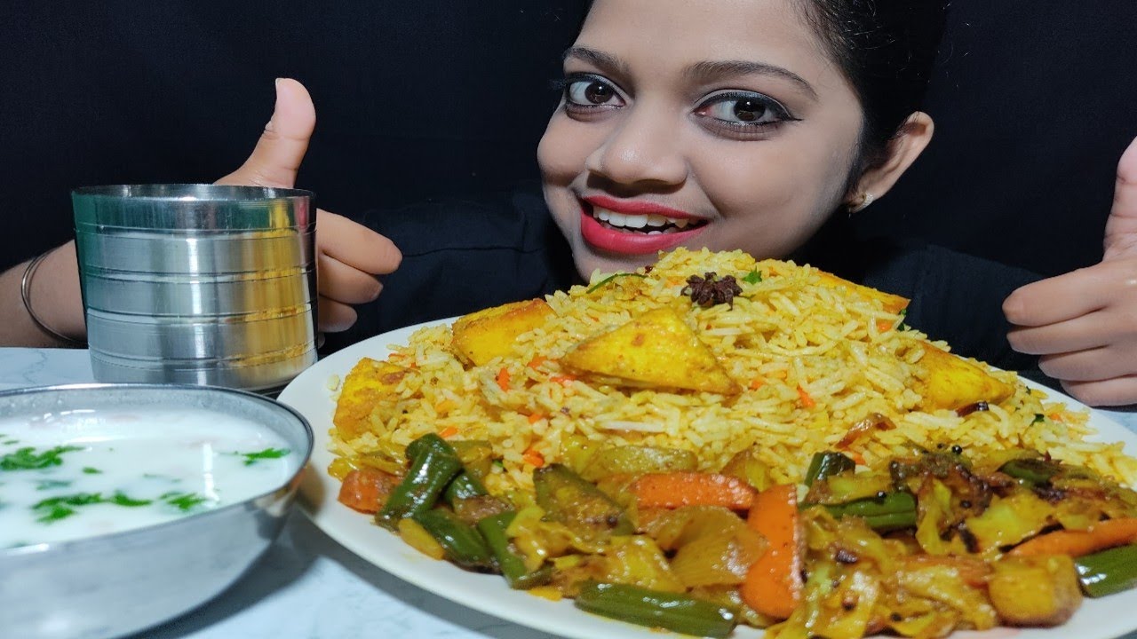 ASMR EATING:VEG BIRYANI | MIX VEG FRY | RAITA | EATING SHOW | ASMR ...