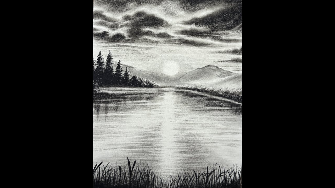 How to Draw a Sunset Landscape: Easy Charcoal Drawing Tutorial for ...