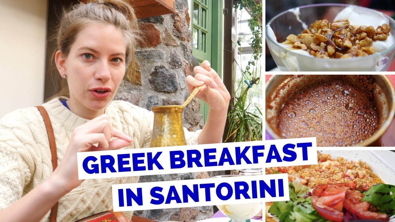Trying Traditional Greek Breakfast in Santorini, Greece 🇬🇷 Eating a ...
