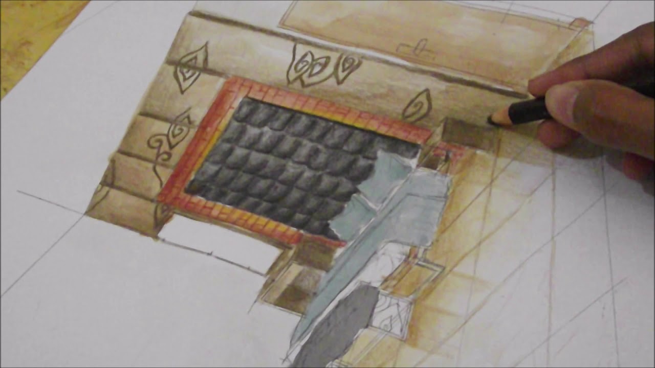Color pencil interior rendering - YouTube