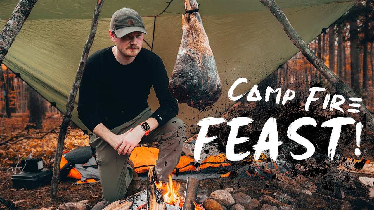 Bushcraft River Float Camp! Roasting Deer Leg Over the Fire! - YouTube