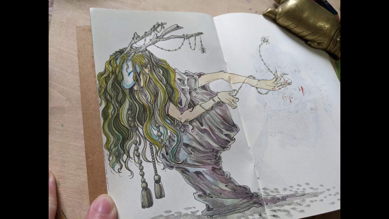 sketchbook hand-drawn painting, woman with antlers手绘过程记录戴鹿角面具的女人Speed ...