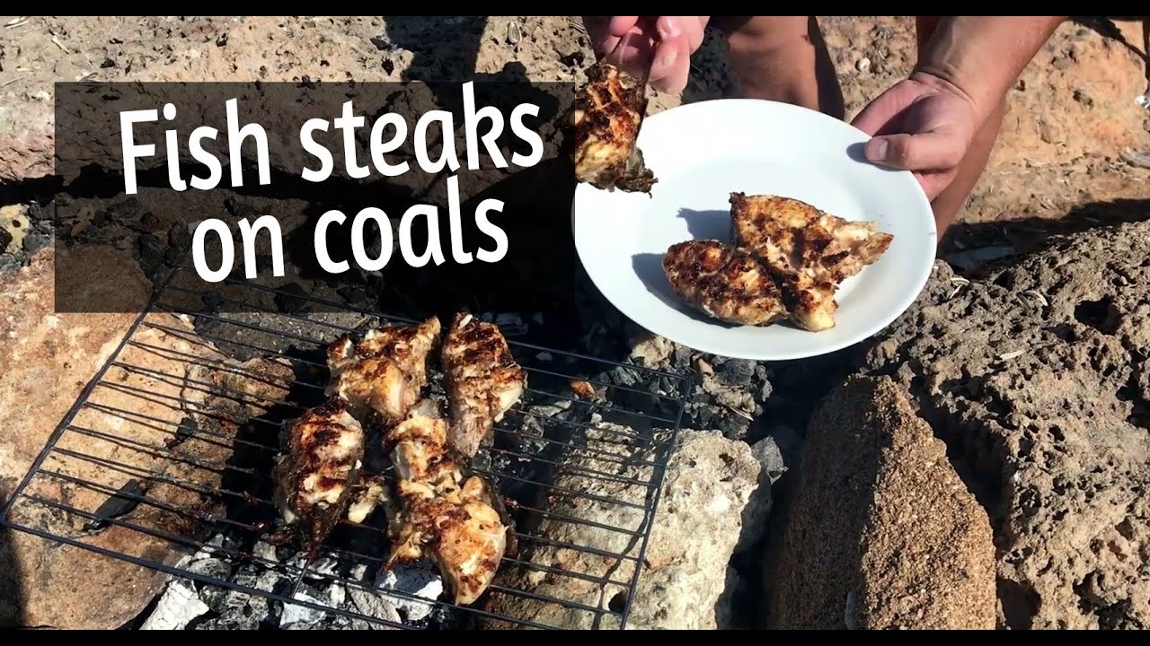 FISH STEAKS ON COALS. GRILL VEGETABLES. - YouTube