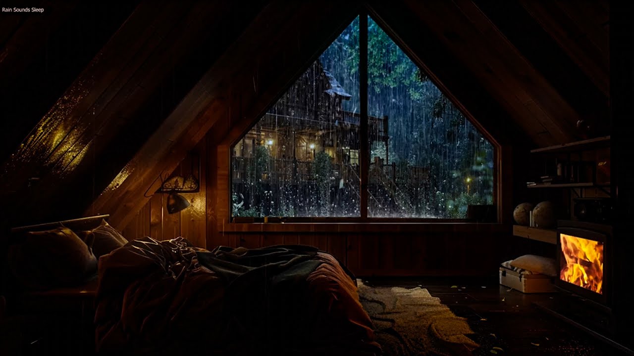 Cozy cabin space with rain and thunder sounds outside | White noise ...