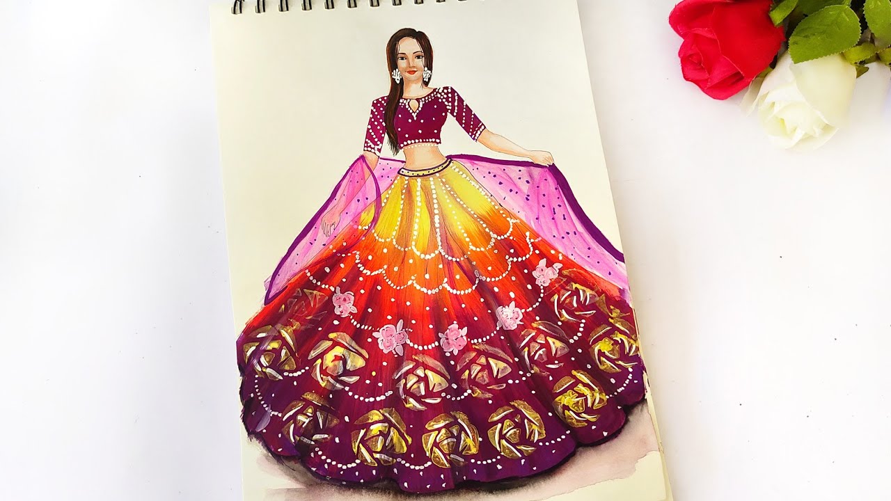 A girl wear beautiful multicolour lehenga design drawing ... - YouTube