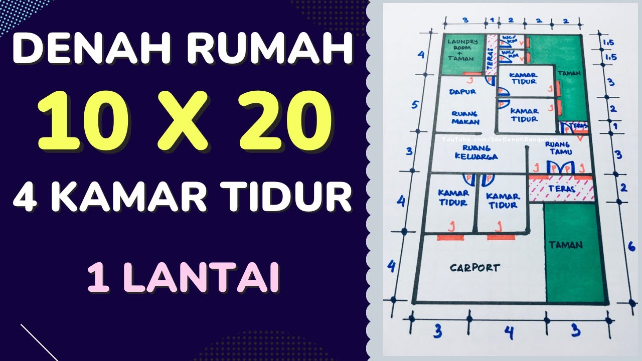 Denah Rumah 10 X 20 1 Lantai 4 Kamar Tidur - YouTube