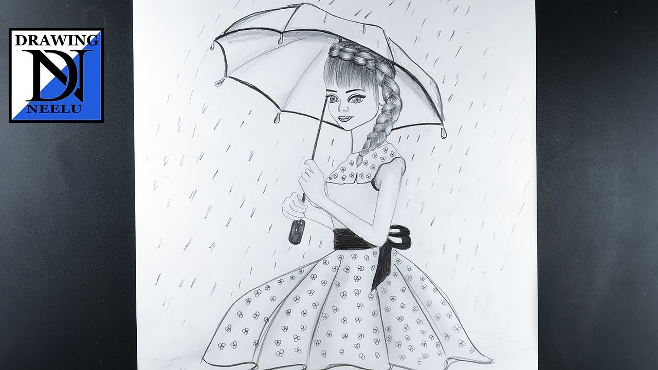 girl with umbrella in rain drawing || simple drawing of rainy day ...