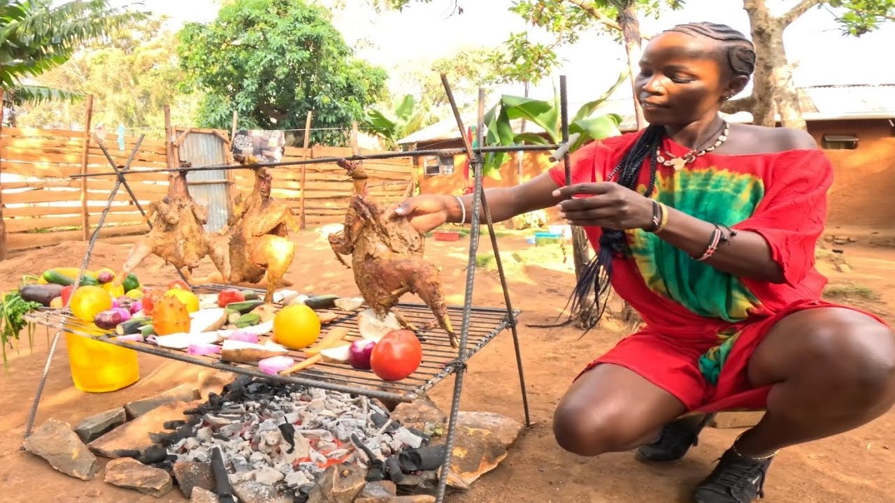 3 Whole Chicken Roasted on Open Fire With Ragi ugali ||Village Cooking ...