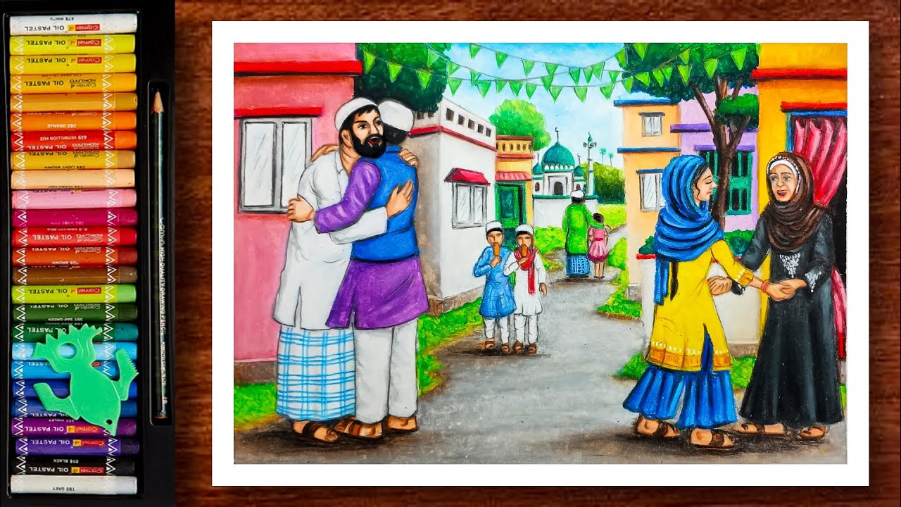 Eid Ul Fitr Drawing | Eid Festival Scenery Drawing | Eid Mubarak ...