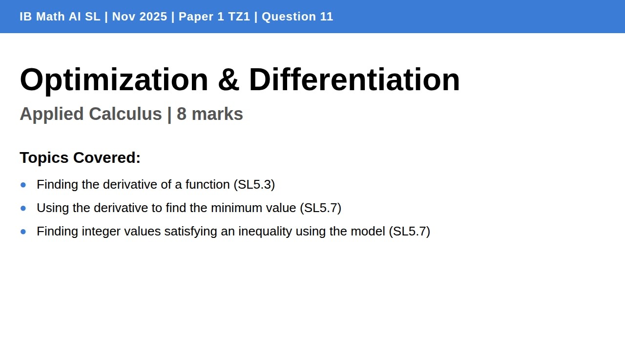 Optimization & Differentiation | IB Math AI SL | Nov 2025 TZ1 Q11 - YouTube