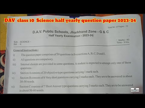 DAV class 10 science half yearly question paper 2023#class10science# ...