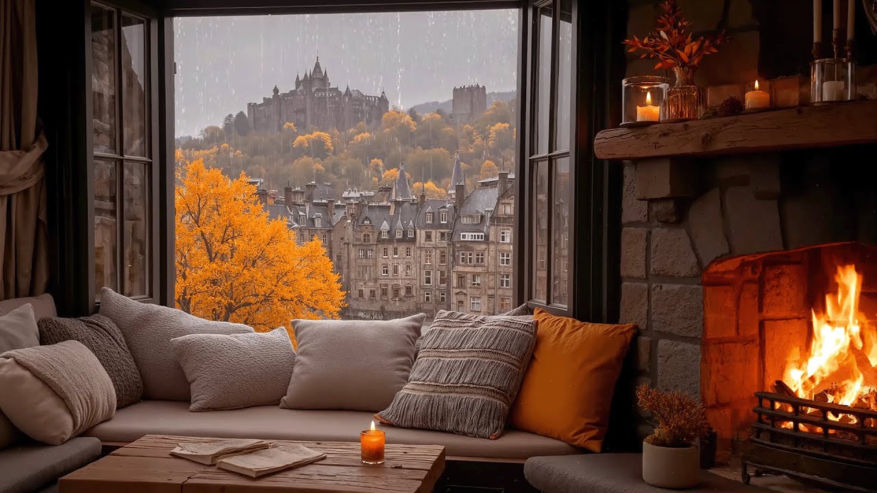 Cozy Autumn Rain In An Old European Town 🍂🌧️ Fireplace Ambience - YouTube