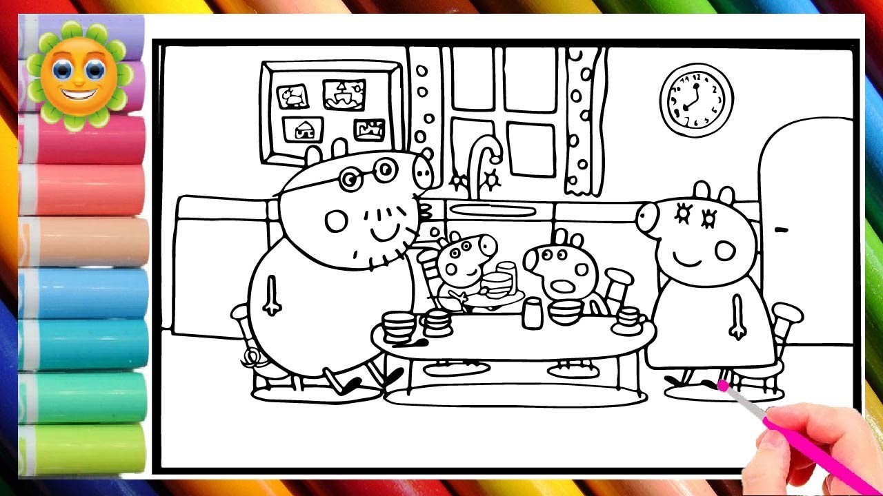 Drawing and Coloring Peppa Pig Family eating breakfast for kids .Peppa ...