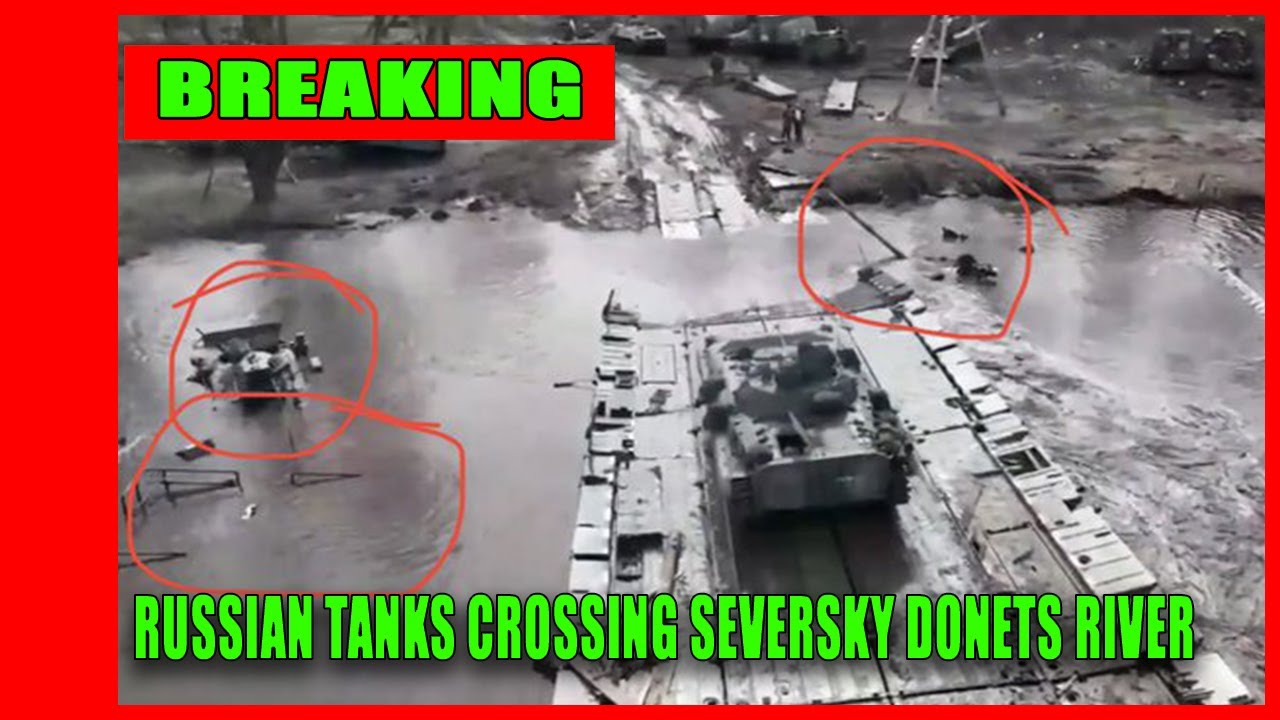 Russian tanks crossing Seversky Donets river on pontoon bridge -- T-80U ...