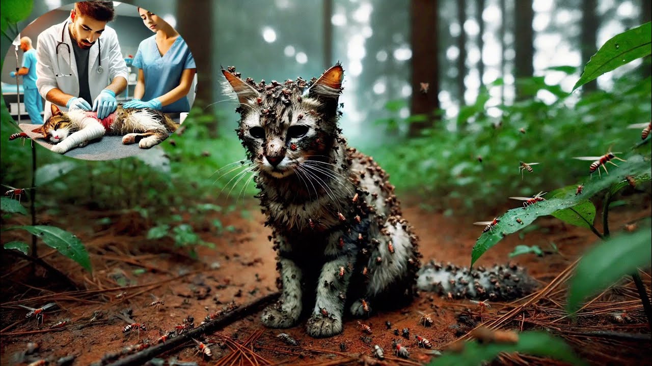 The cat was treated by rescue workers for injuries caused by insects on ...