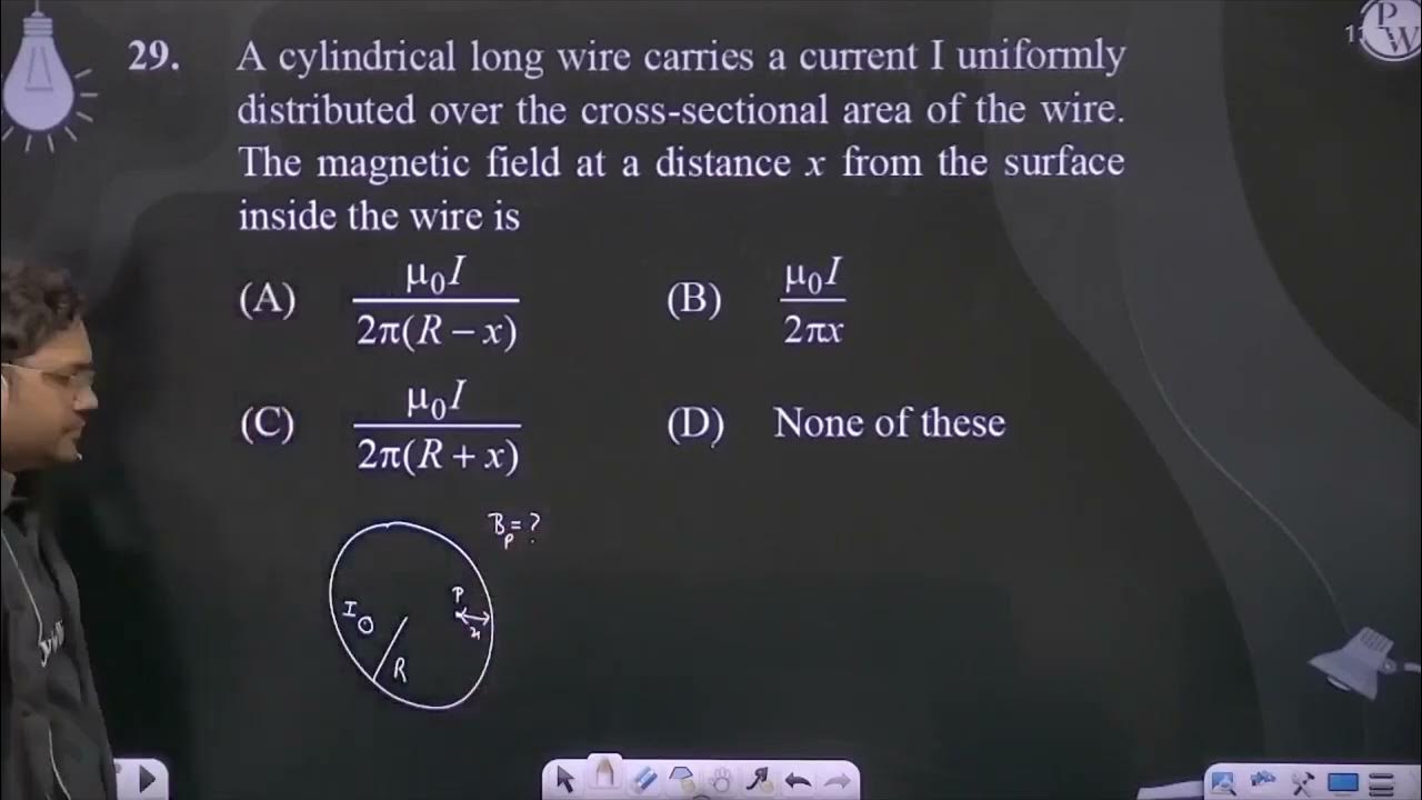 A cylindrical long wire carries a current I uniformly distributed over the cross-sectional area ...