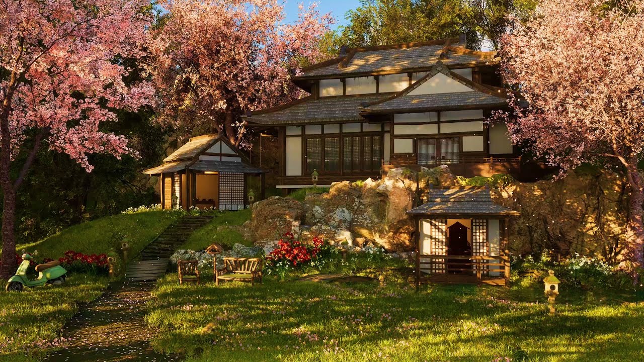 Spring in the Japanese Garden Ambience - Water stream, birdsong for ...
